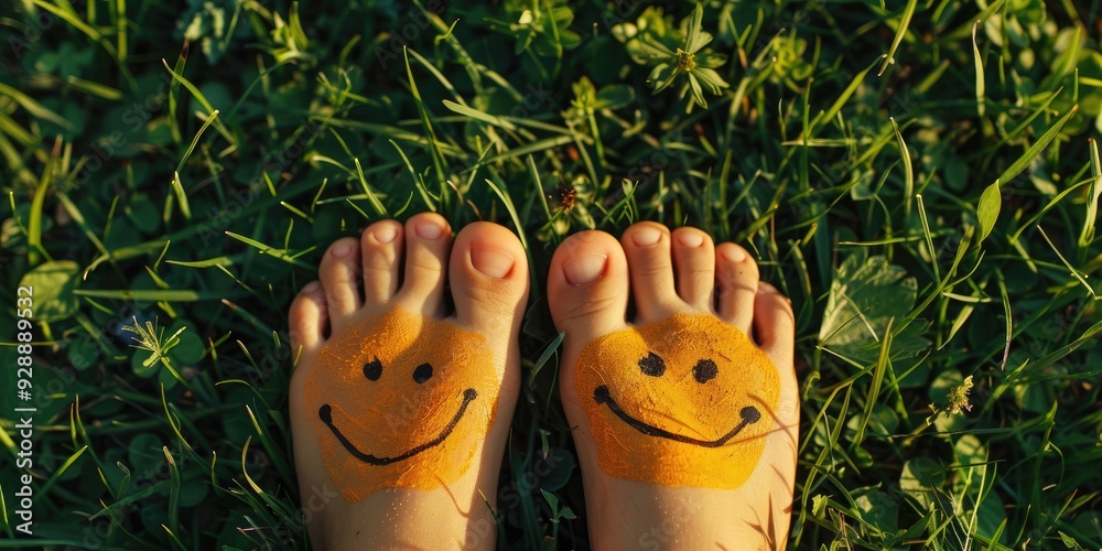 Cheerful Childhood Big Toe Faces Painted with Smiles on Bare Feet of ...