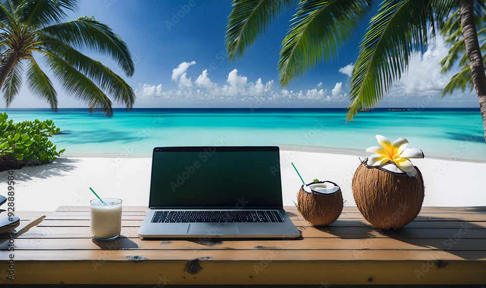 Remote work from island, Turquoise crystal sea, coconut juice and ...