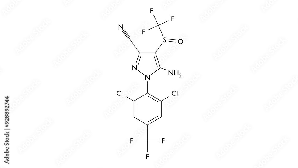 fipronil molecule, structural chemical formula, ball-and-stick model ...