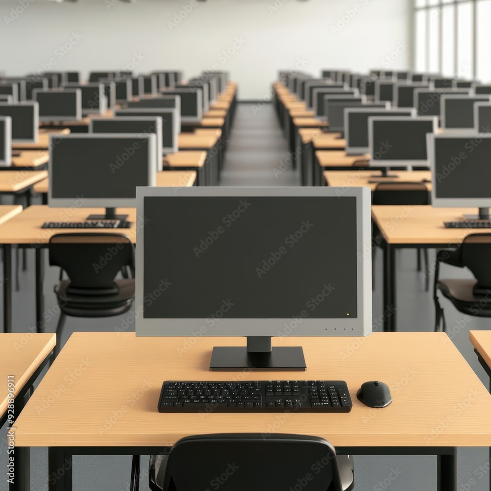 Computer lab setup, rows of desks with monitors, educational ...