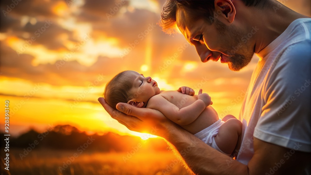 Delicate newborn baby's silhouette against a warm sunset background ...
