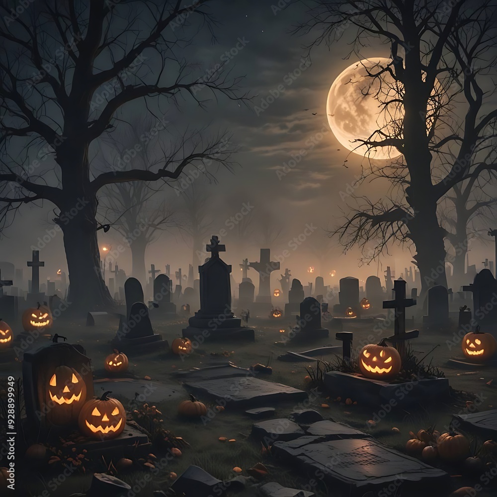 A spooky Halloween cemetery scene with fog drifting between old ...