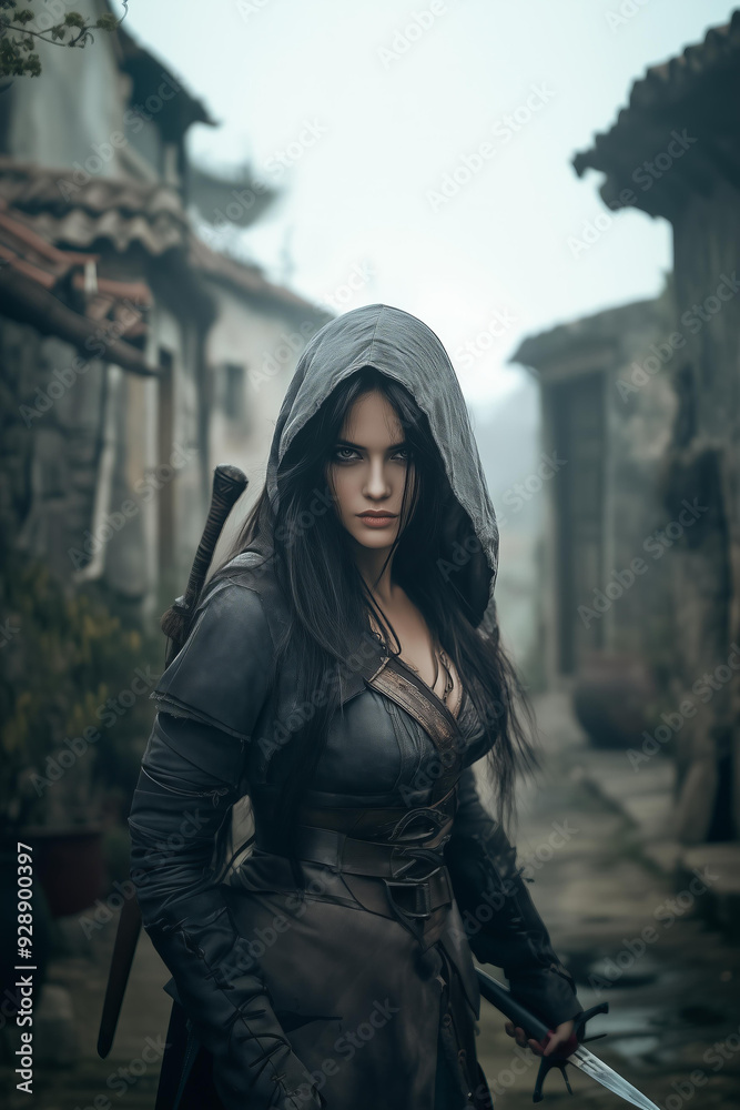 young female assassin with long black hair flowing in the wind and a ...