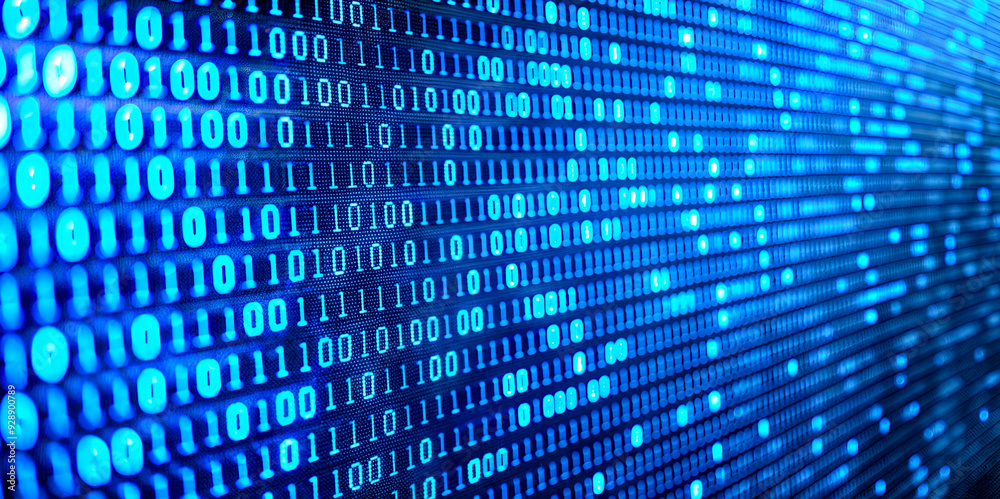 A blue digital background on a computer screen displaying binary data. The screen is filled with ...