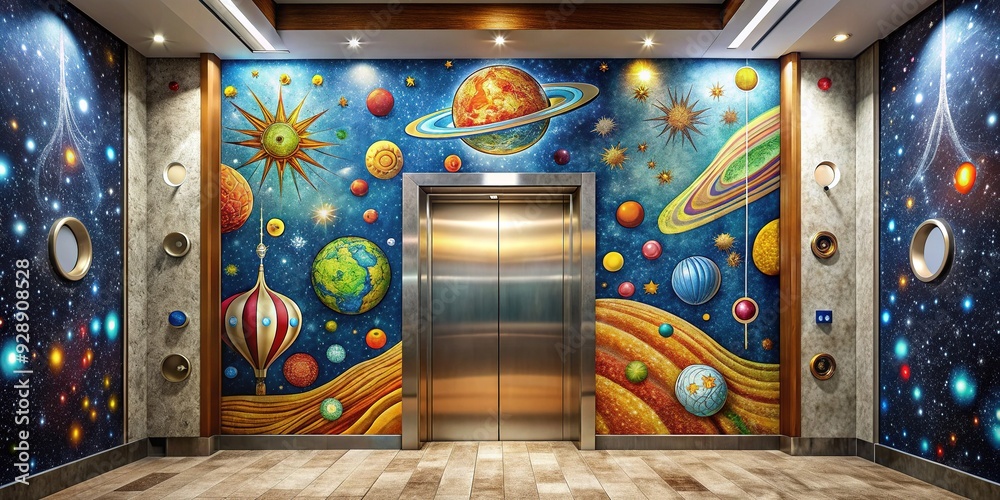 Celestial Elevator: An elevator rising through a celestial tapestry filled with cartoon stars ...
