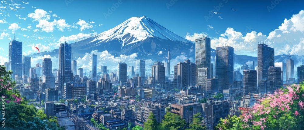 Future Envisioned: anime-style Futuristic Cityscape with Mount Fuji in ...
