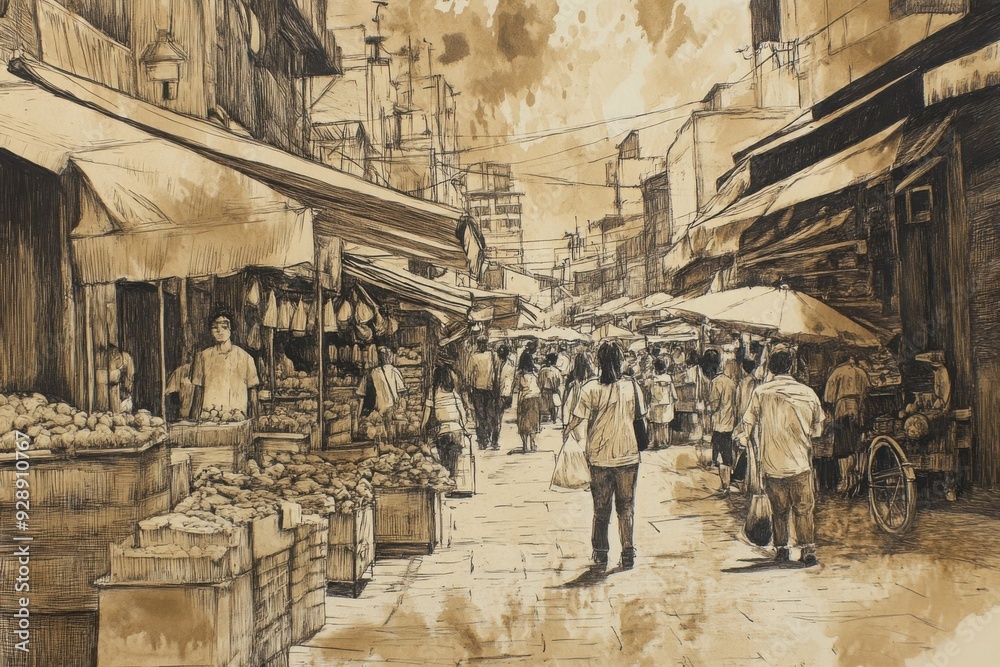 An ink drawing of a bustling market scene, with rich textures, cross ...
