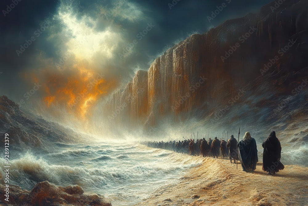 majestic parting of turbulent seas moses with staff raised israelites ...