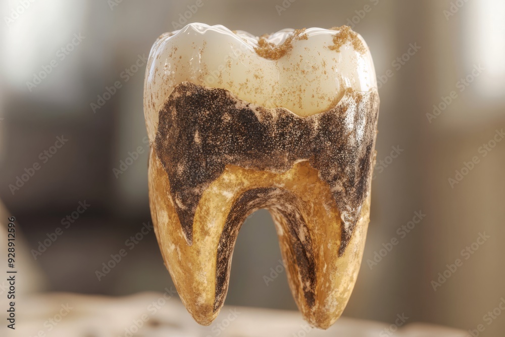 This 3D model shows an unhealthy tooth with decay and cavities, serving ...