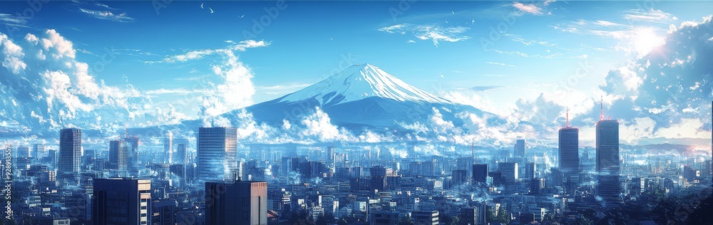 Future Envisioned: anime-style Futuristic Cityscape with Mount Fuji in ...