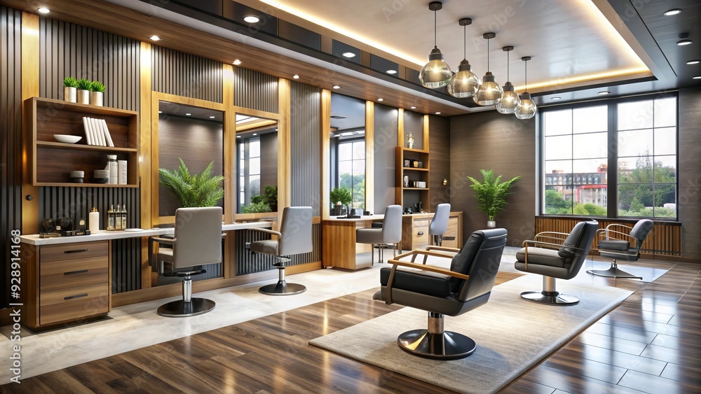 Elegant hair salon interior with modern equipment, sleek furniture, and ...