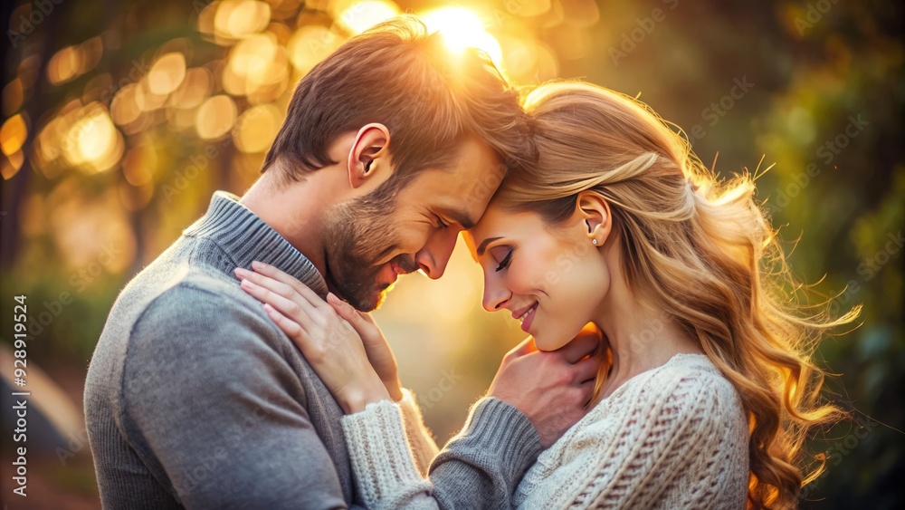 Embracing couple, hands clasped, heads tilted, faces aglow with warmth ...