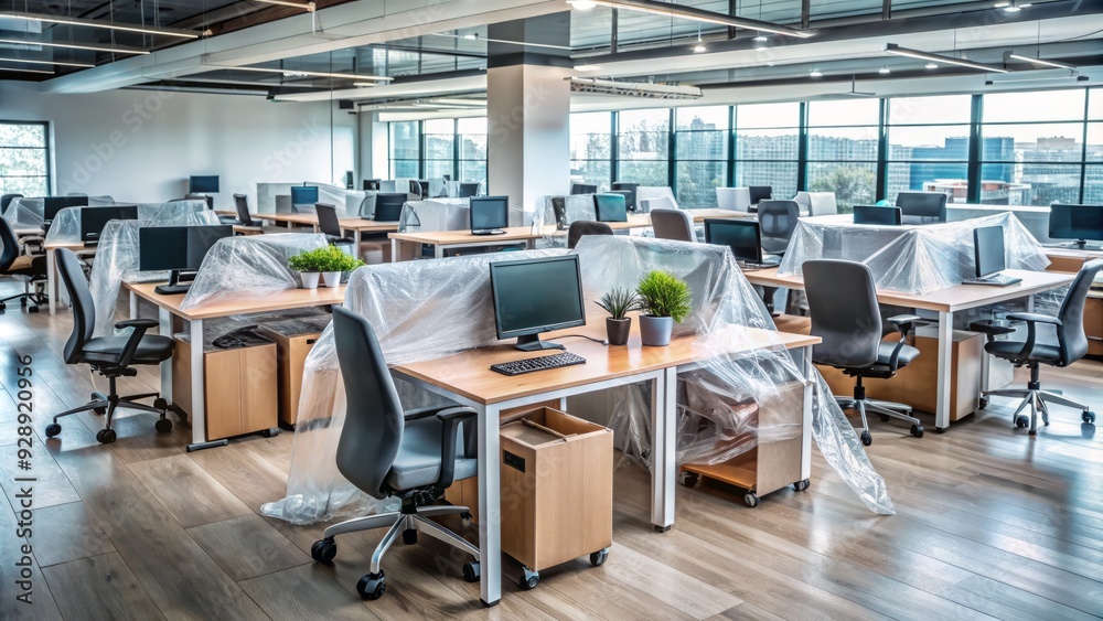Empty office with desks, chairs, and computers wrapped in plastic ...