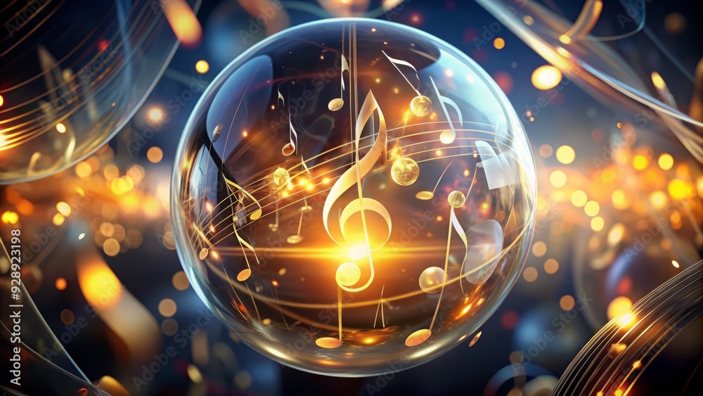 Ethereal music notes and treble clefs suspended in a transparent sphere ...