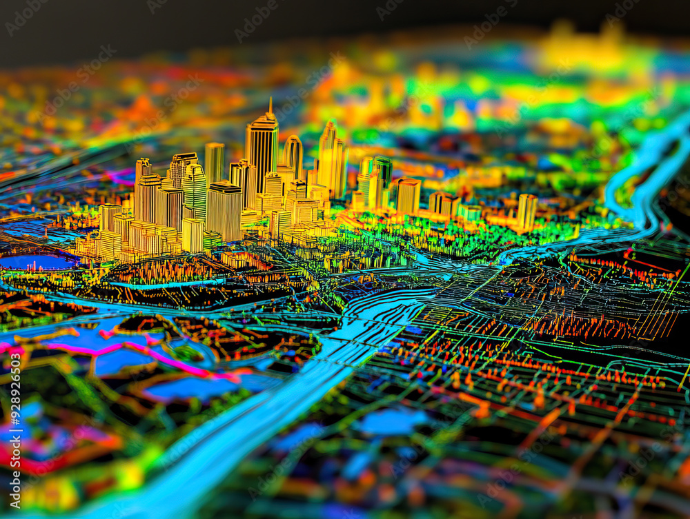 Technical aerial visual, 3D LiDAR GIS aerial map satellite scan model ...