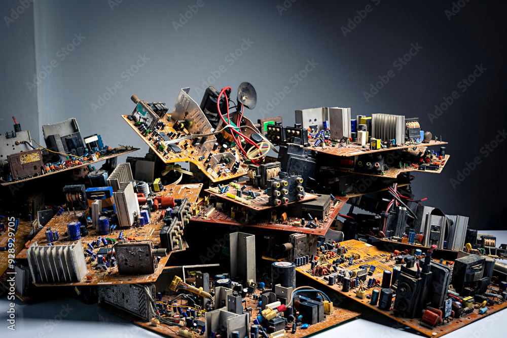 Pile of electronic circuit boards garbage in room from recycle industry ...