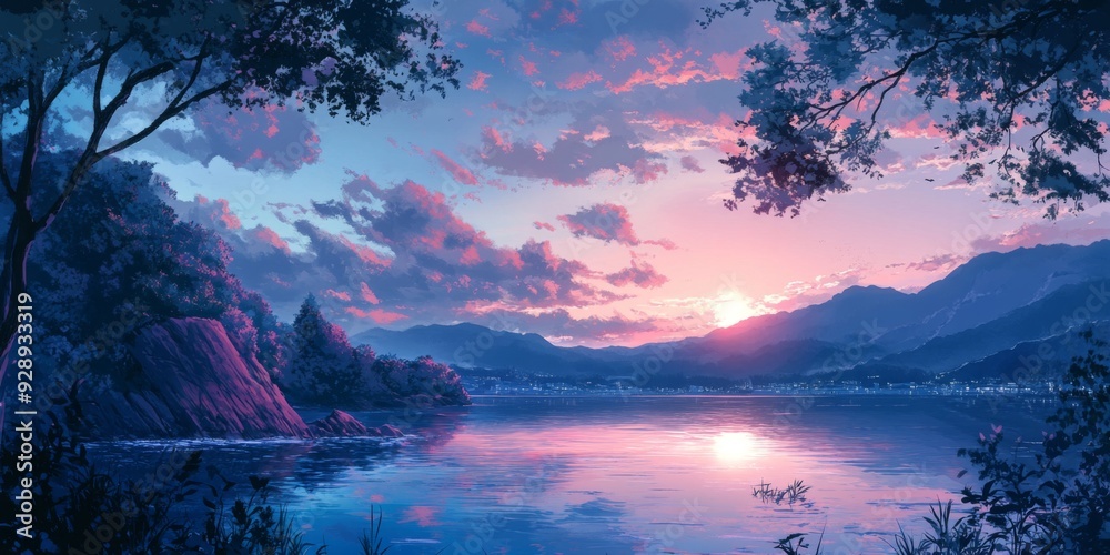 Enchanted anime-style Lakeside Cliff at Dusk: A Tranquil Illustration ...