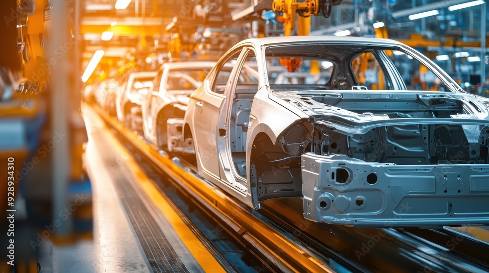 A modern car manufacturing assembly line showcasing partially assembled ...