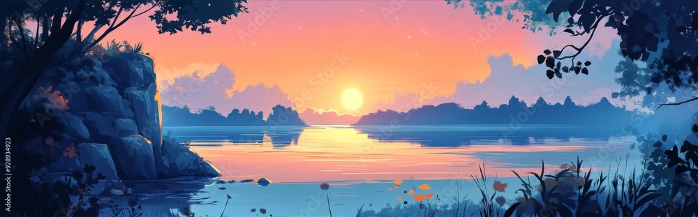 Enchanted anime-style Lakeside Cliff at Dusk: A Tranquil Illustration ...