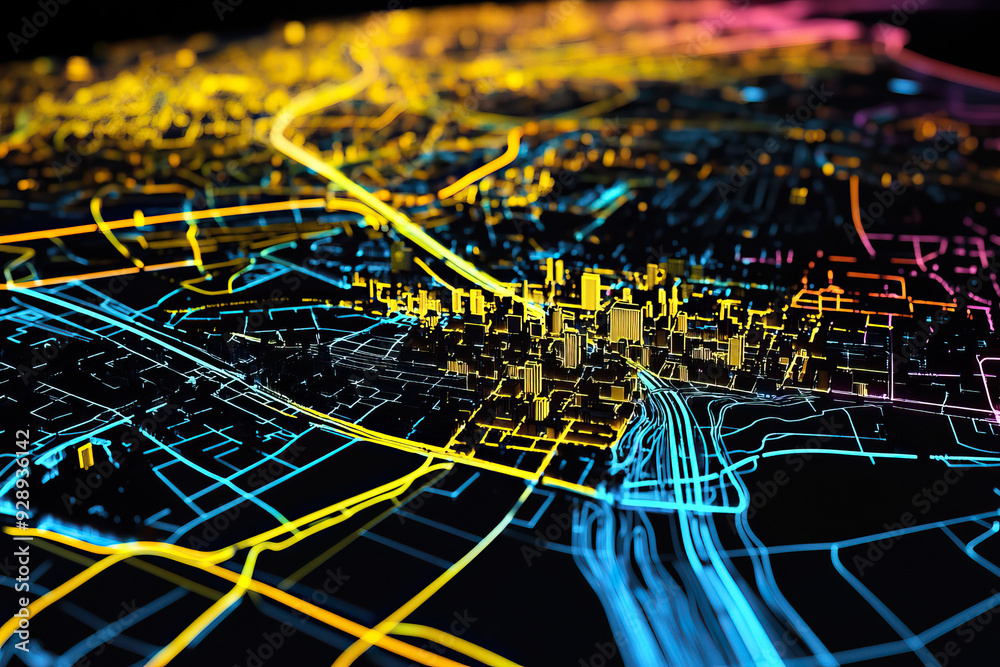 Technical aerial visual, 3D LiDAR GIS aerial map satellite scan model ...