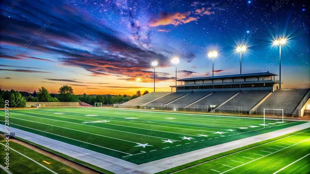 Friday night lights glow brightly over a high school football stadium ...