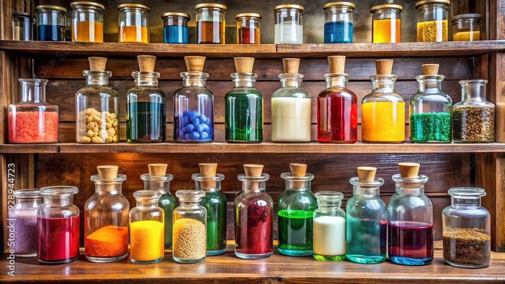Glass pharmacy bottles with labels and lids lined up on a wooden shelf ...