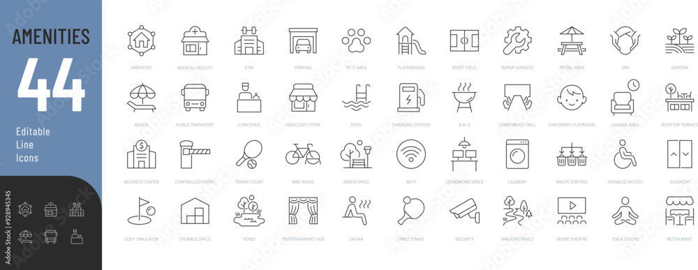 Amenities Line Editable Icons set. Vector illustration in modern thin ...