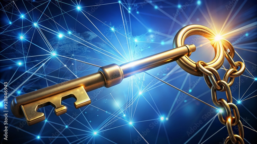 Golden key unlocking chain to access virtual gateway, symbolizing ...