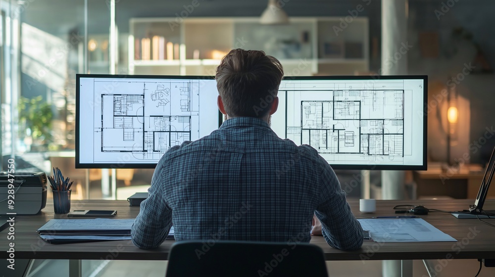 Architect working on blueprints using dual monitors in modern office ...