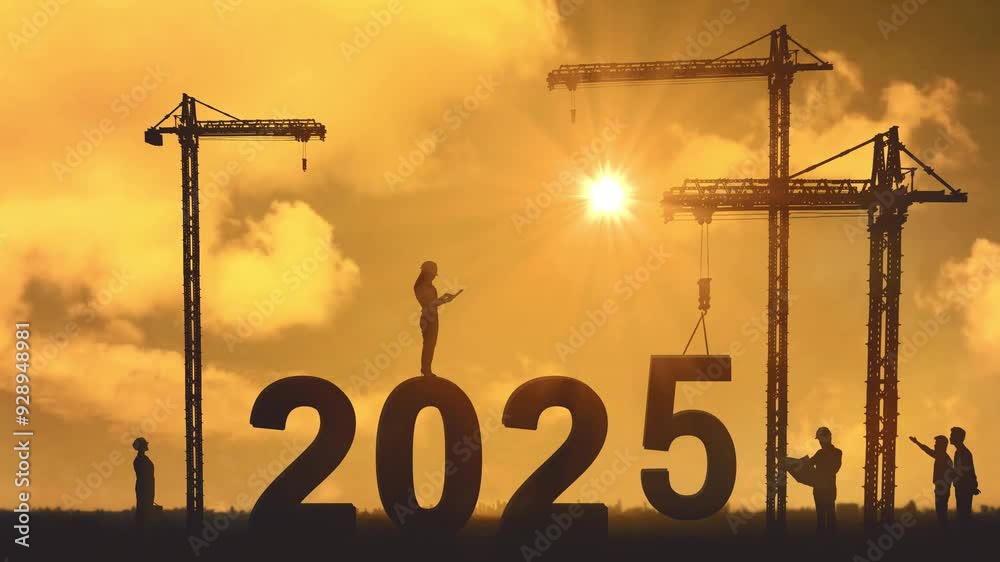 Group silhouette of engineers Assembling 2025 number with cranes while ...