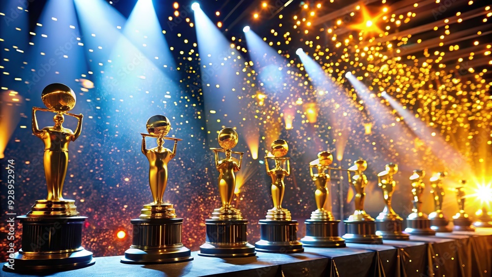 Golden trophies and shiny statuettes adorn a velvet-draped stage ...