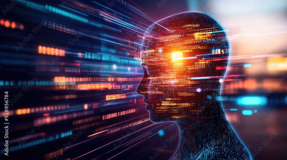 An Abstract background representation of AI as a glowing humanoid figure, surrounded by floating ...