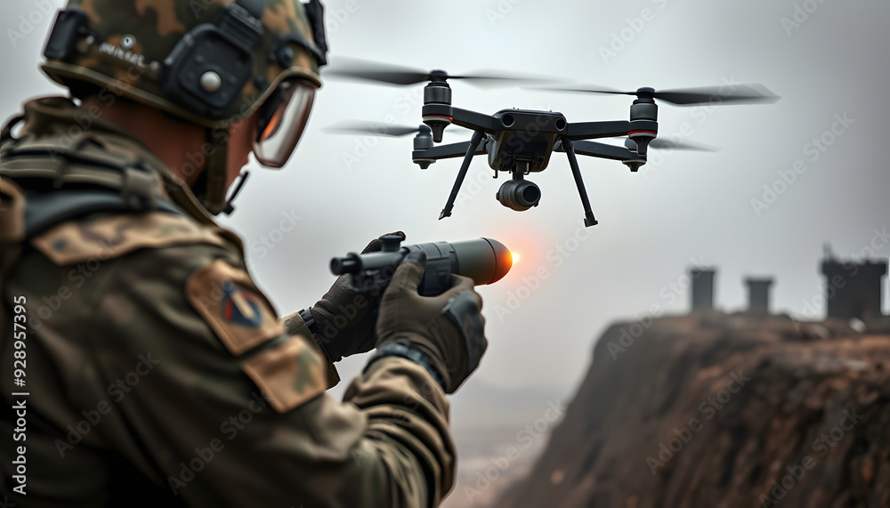 Soldier UAV operator launches army drone with bomb to drop into enemy ...