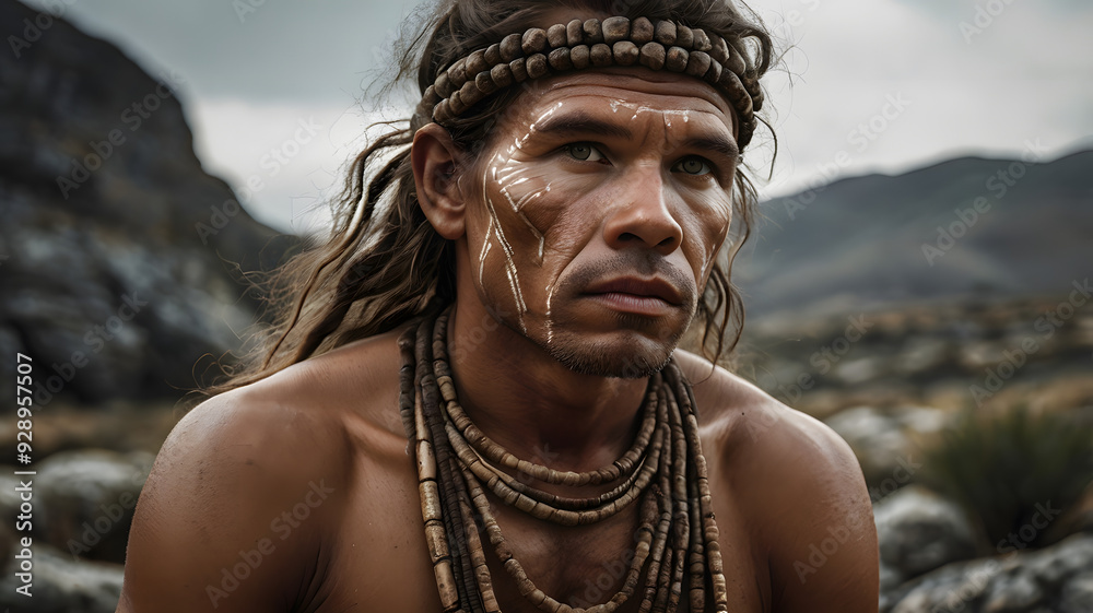 Stone Age portrait featuring a person with symbolic face art, authentic ...