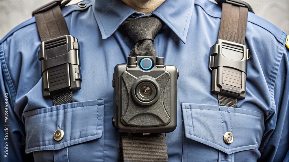 High-angle shot of a law enforcement officer's chest, showcasing a body ...