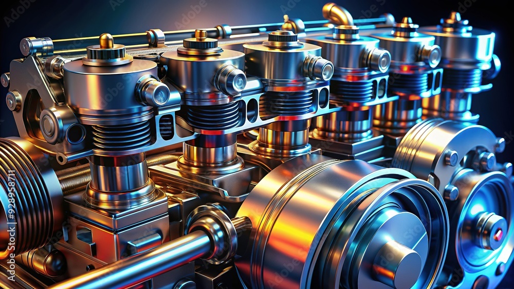 Highly detailed 3D model of a futuristic motor engine with metallic ...