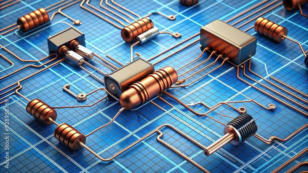Highly detailed illustration of an electronic circuit diagram featuring ...