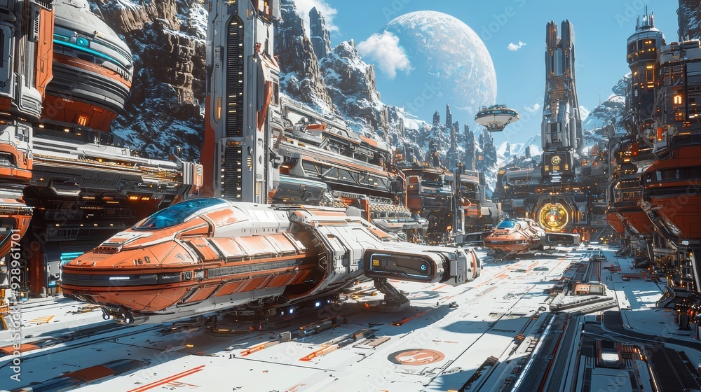 A sci-fi inspired spaceport with futuristic spacecraft and advanced ...