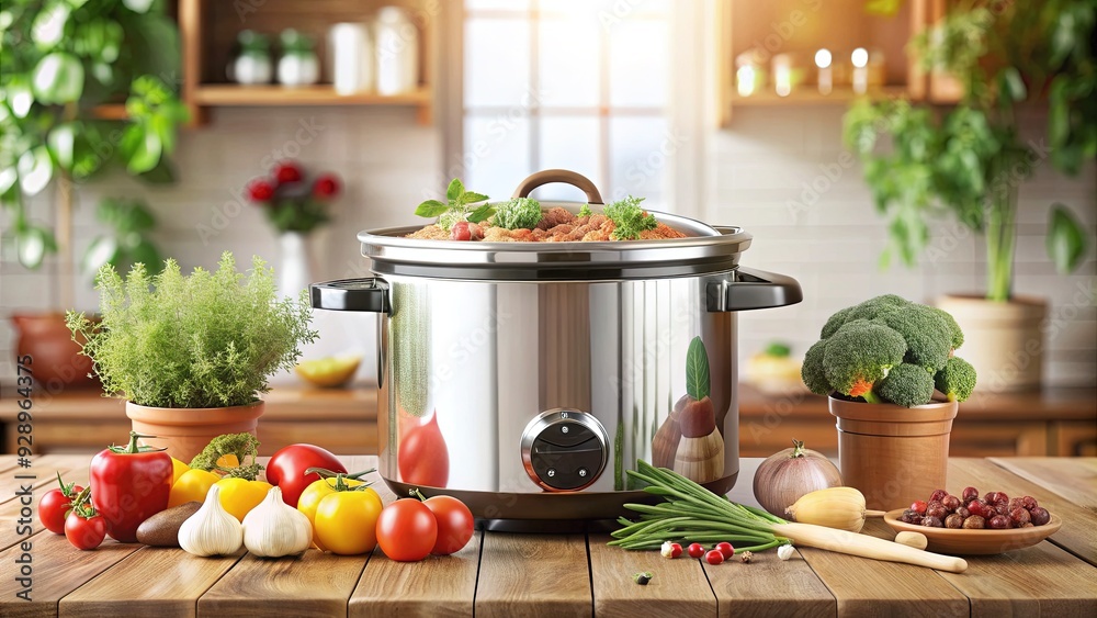 Illustrated slow cooker filled with steaming hot ingredients surrounded ...