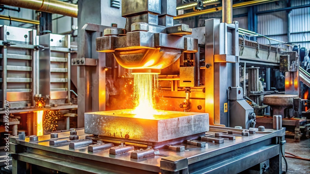 Industrial die-casting machine with molten metal pouring into mold ...