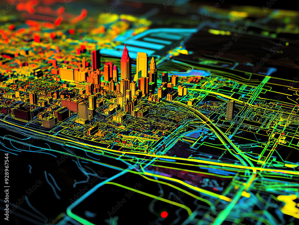 Technical aerial visual, 3D LiDAR GIS aerial map satellite scan model ...