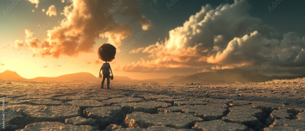 A cartoon character isolated in a barren landscape, surrounded by ...