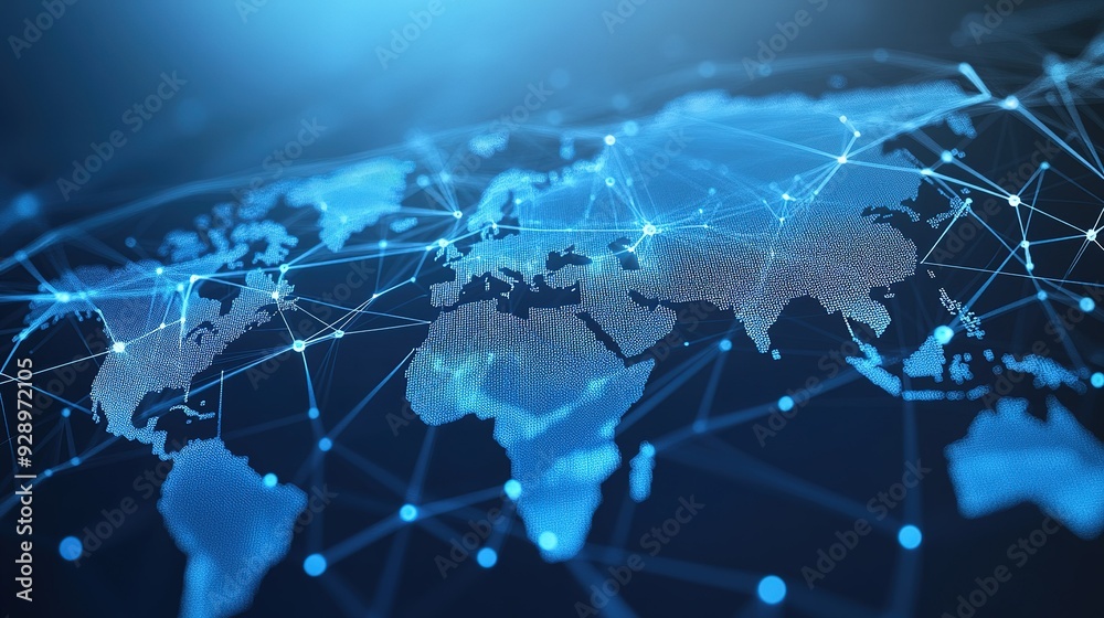 Digital world map displaying interconnected nodes and networks ...