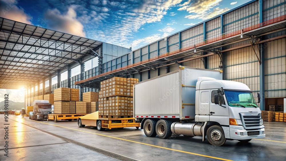 Large 18-wheel semi-truck being loaded with cargo at a busy industrial ...