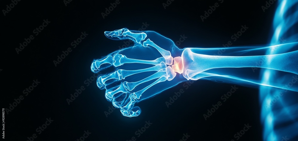 A detailed x-ray design of a hand skeleton highlights joint anatomy and ...