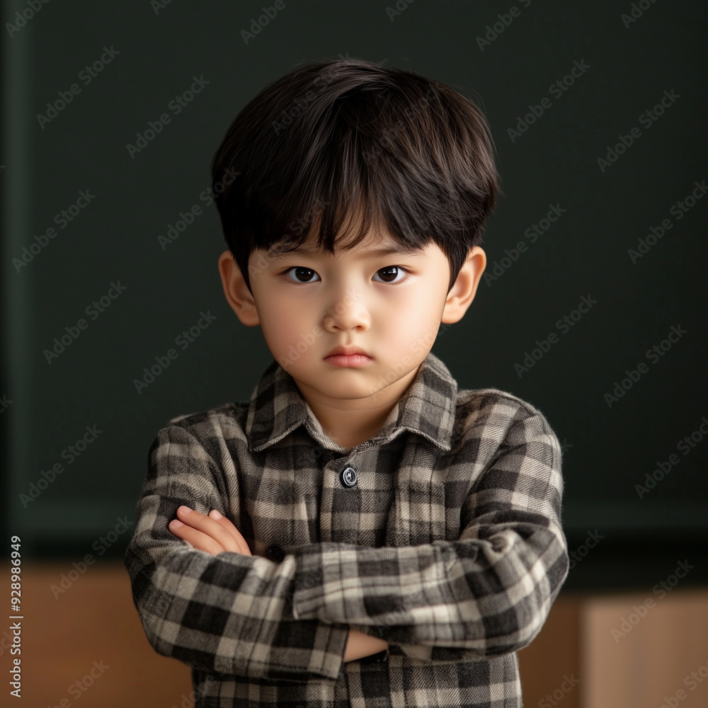 portrait of a korean kid with angry face expression; school background ...
