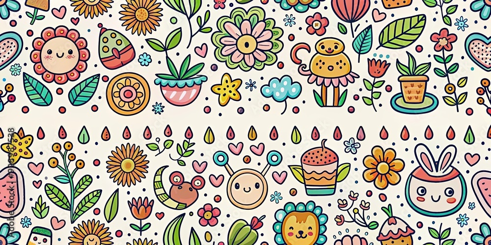 Cute and whimsical 2D doodle tile patterns featuring playful s such as ...