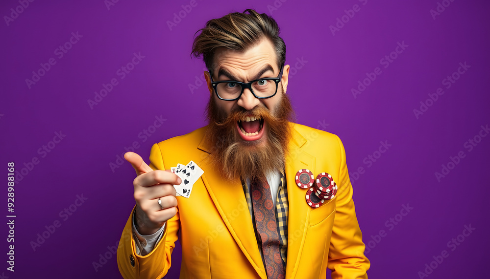 Portrait of crazy goofy bearded adult man in funky yellow suit on ...