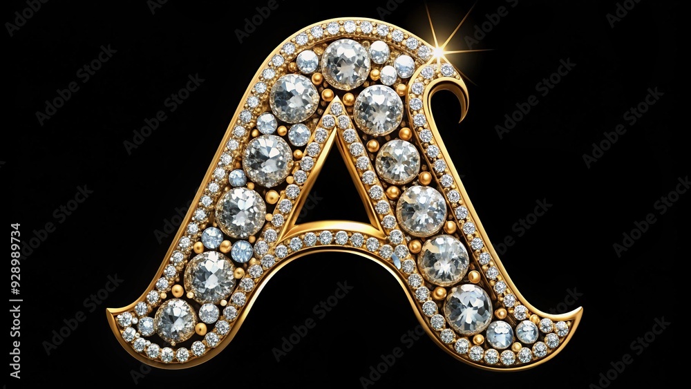 Luxury alphabet letters adorned with gold and diamonds against a black ...