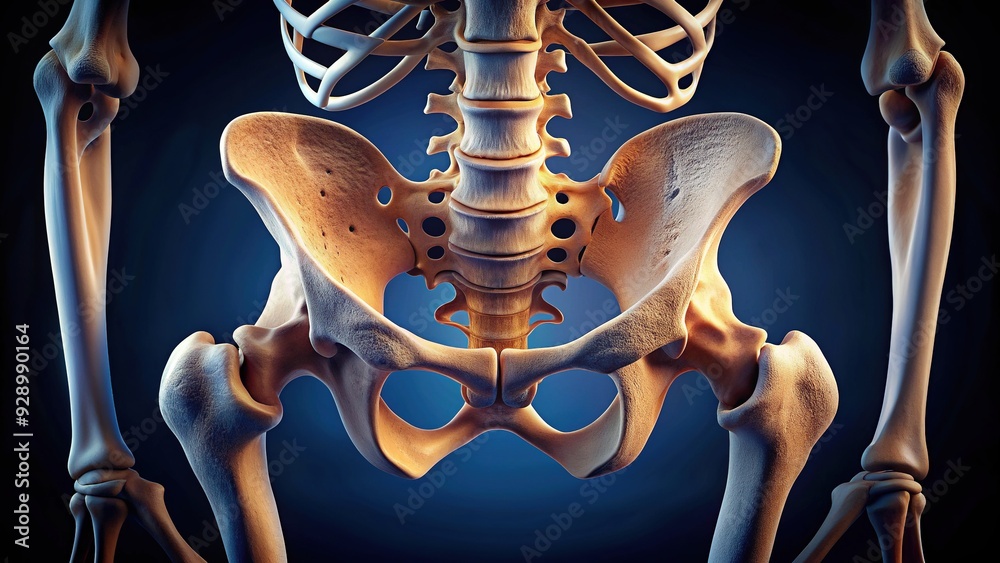 Macro close-up of a human pelvis and hip bone structure, showcasing the ...